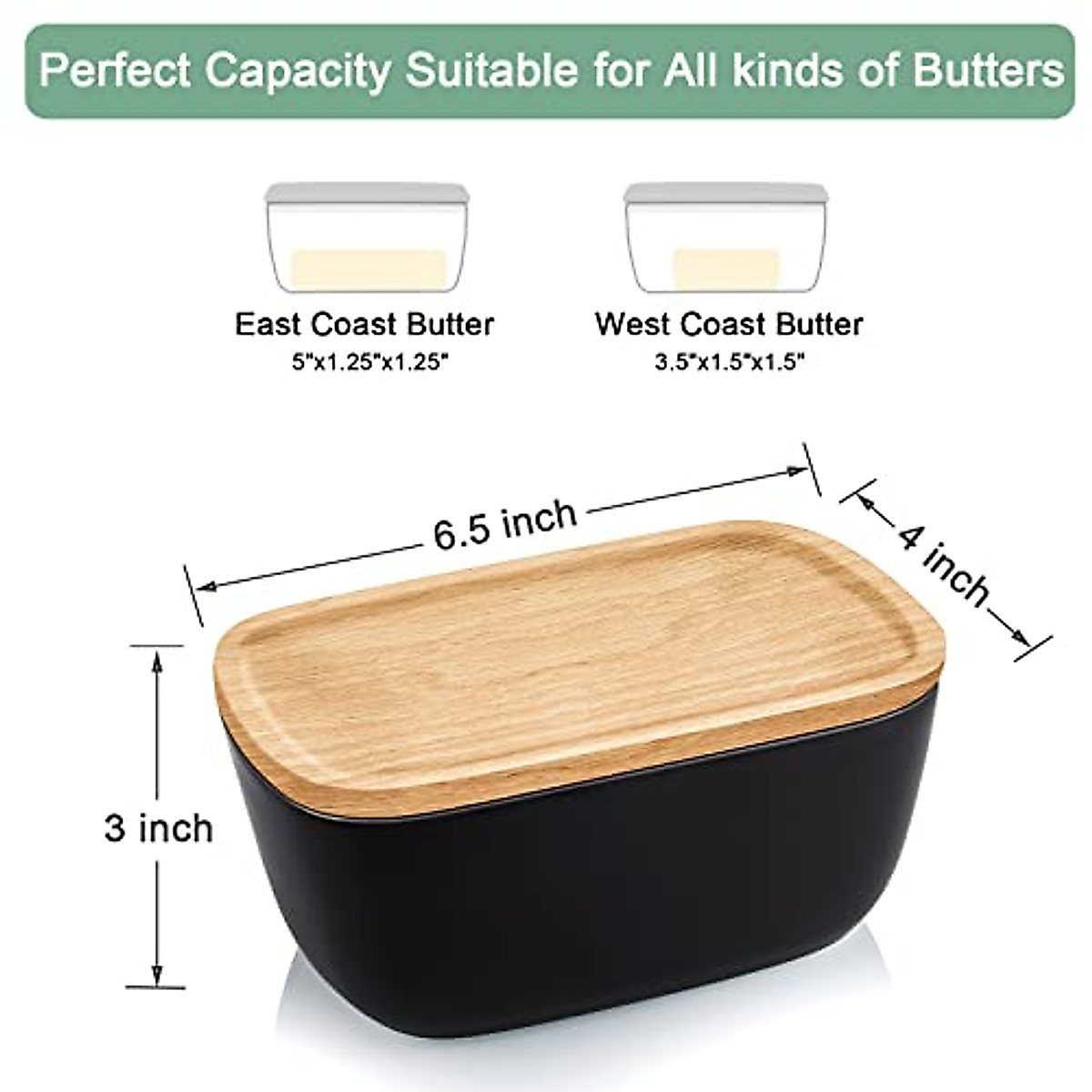 ALELION Butter Dish with Lid - Ceramic Butter Container with Lid for Countertop, Large Butter Keeper Crock Perfect for West or East Coast Butter, Holds Up To 3 Butter Sticks, Black