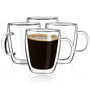 YUNCANG Double Wall Glass Coffee mugs, (4-Pcak) 16 Ounces-Clear Glass Coffee Cups with Handle,Insulated Coffee Glass,Cappuccino Cups,Tea Cups,Latte Cups,Beverage Glasses Heat Resistant