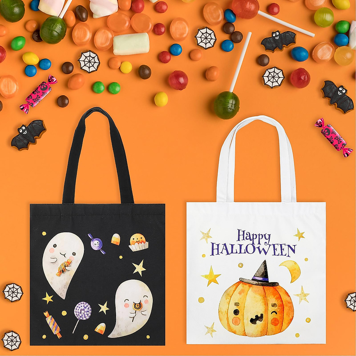 LEIFIDE 2 Pieces Halloween Bag Reusable Canvas Candy Bag Large Happy Halloween Pumpkin Bag Ghost Goody Bag for Halloween Party Favor Grocery Shopping, 12.99 x 12.6 Inch