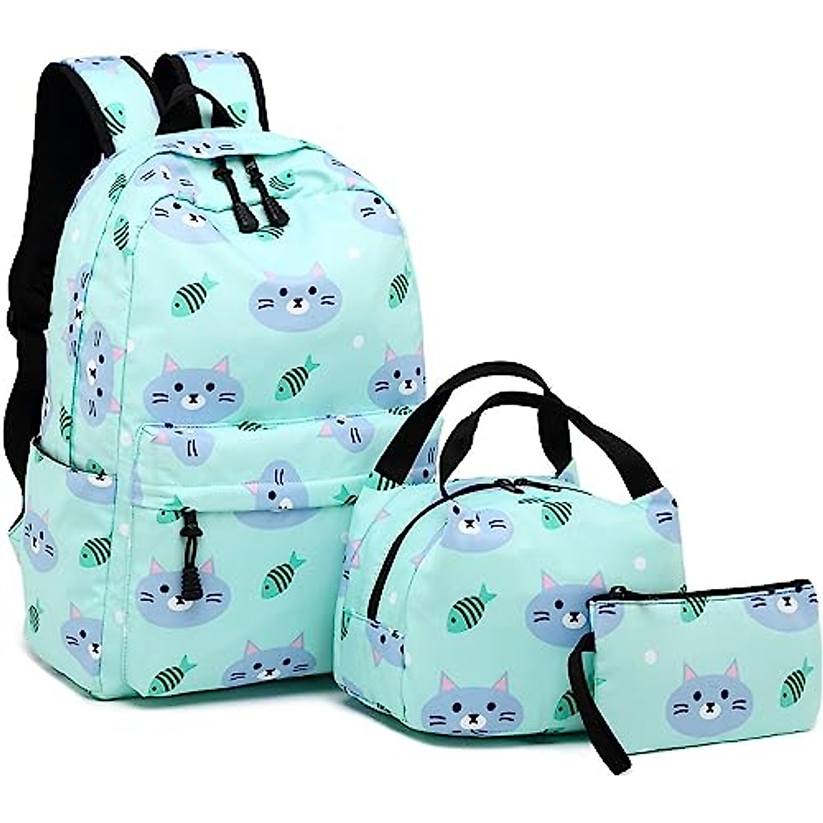 Backpack for School Girls Kids Bookbag Set Water Resistant School Bag with Insulated Lunch Bag (Cat-Water Blue)