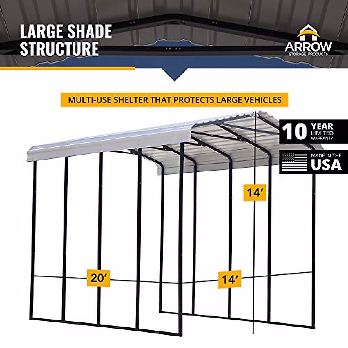 Arrow 14' x 20' x 14' 29-Gauge Metal RV Carport and Multi-Use Shelter for Large Vehicles- Eggshell