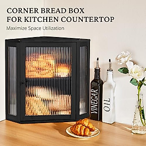 BRONYPRO Double Layer Corner Bread Box for Kitchen Counter with Height-adjustable Partition, Large Black Bamboo Wooden Bread Box for Multiple Loaves, Modern Breadbox for Kitchen Countertop