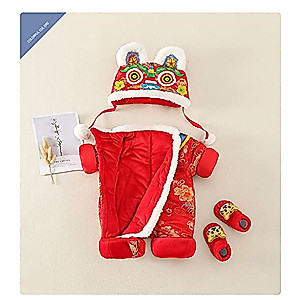 3 Pcs Baby Girls Kids Infant Winter Warm Chinese New Years Lunar Asian Tang Romper Outfit Suit with Hat and Shoes Red
