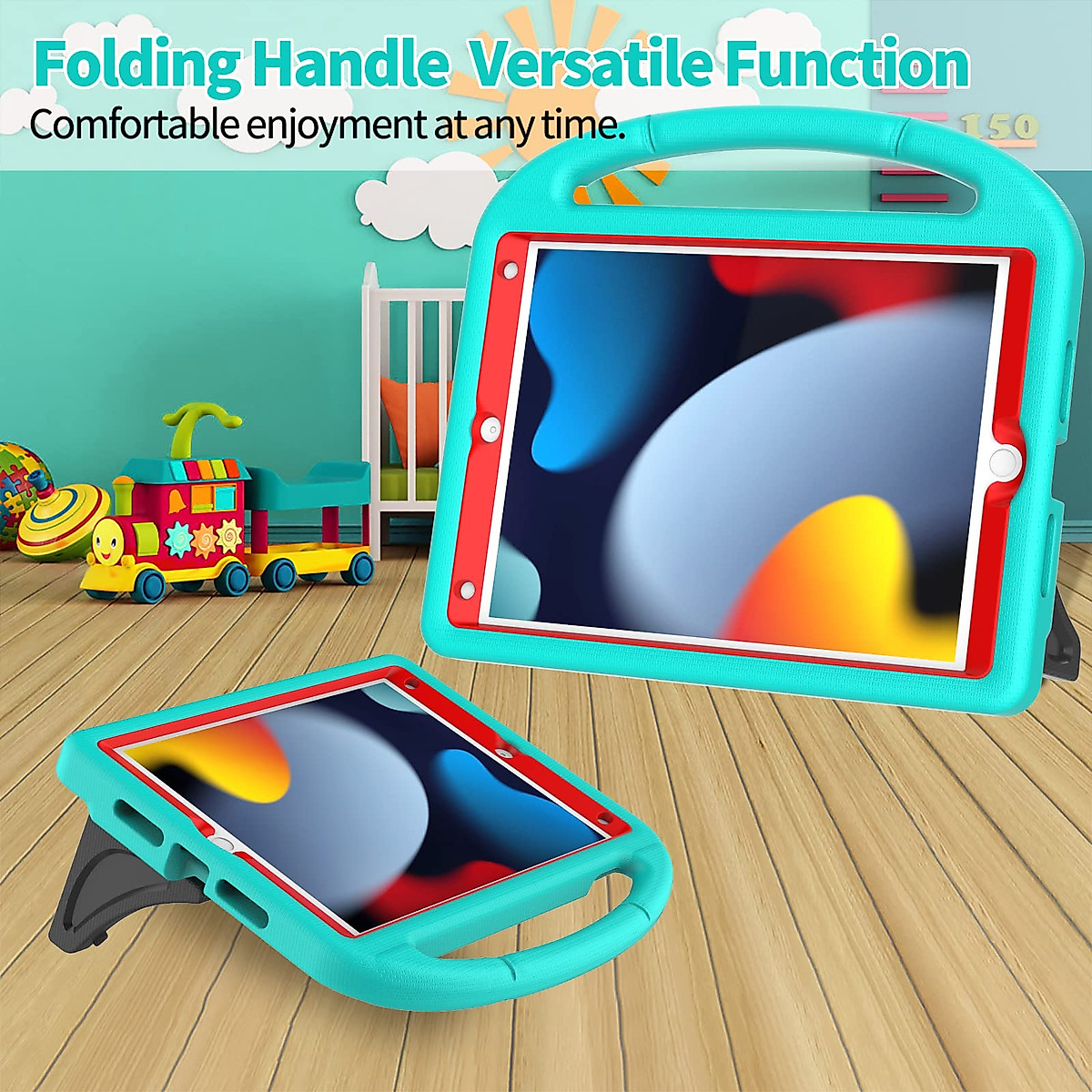 RTOBX Kids Case for iPad 10.2 & 10.5, iPad 9th/8th/7th Generation 10.2" 2021 2020 2019 Case with Screen Protector, iPad Air 3rd Gen/Pro 10.5 inch Protective Cover with Handle Stand, Cyan&Red