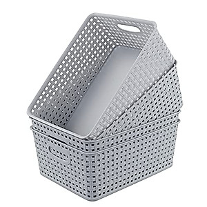 Yarebest 4-Pack Grey Woven Basket Bin, Plastic Storage Organizer Basket