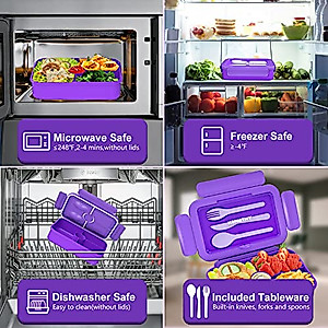 KEMETHY Bento Lunch Box for Kids, Purple, 4 Compartment Leakproof Lunch Box with Built-in Utensils, Microwave/Dishwasher/Freezer Safe, BPA-Free and Reusable