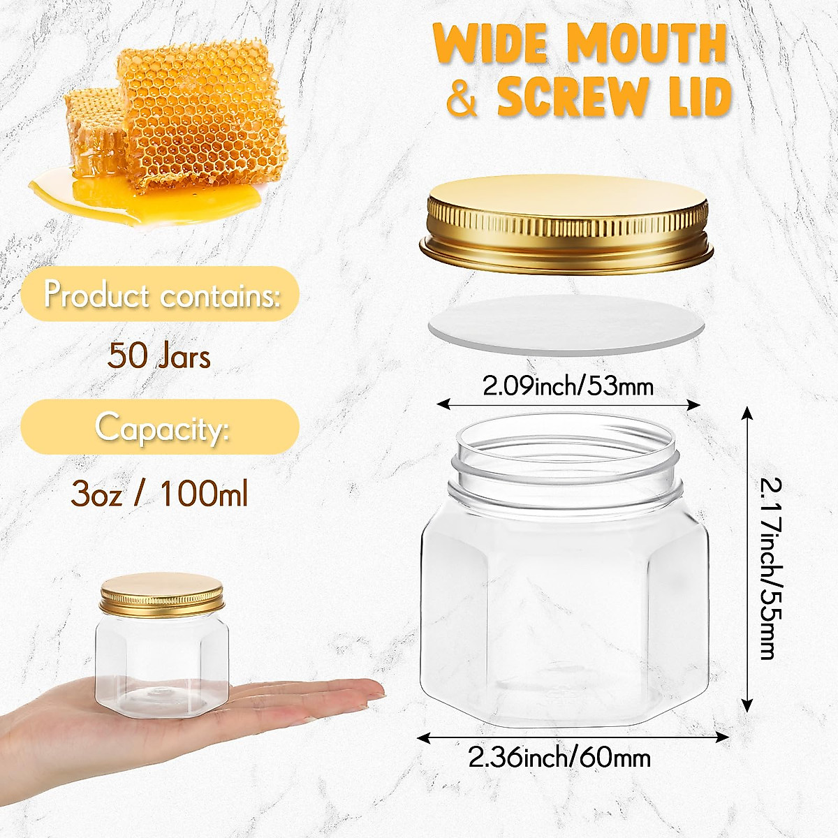 Dandat 50 Pcs 3 oz Hexagon Plastic Jars with Lids Mini Honey Jars Wide Mouth Canning Jars Small Spice Jars for Party Wedding Favors, Baby Shower, DIY Gift, Jelly, Herb, Jams, Candy (Gold)