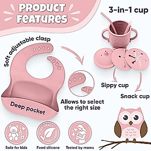 GIVWATER Owl-Themed Baby Led Weaning Supplies with Reusable Travel Cooler Bag, 16 pcs Silicone Baby Feeding BLW Set (Light Pink)