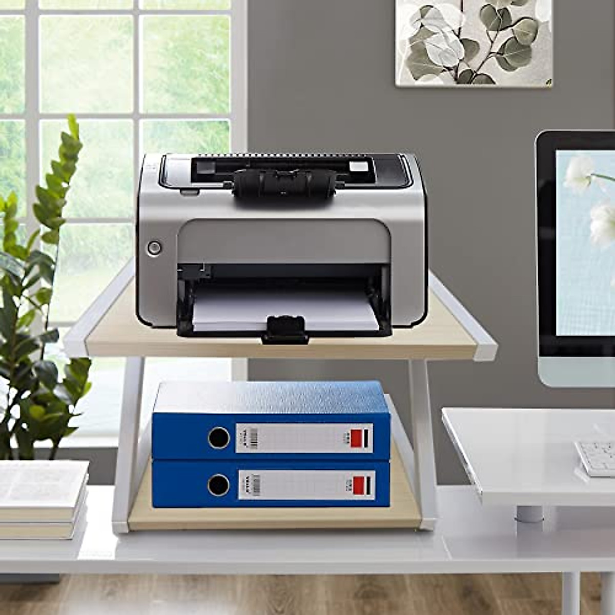 Olighan Desktop Printer Stand, Printer Stand with Storage ,Printer Shelf for Desk with Anti-Skid Pads Adjustable Feet,2Double Tiers Organizer Multi-Purpose Printer Rack for Home Office(Light Wood)