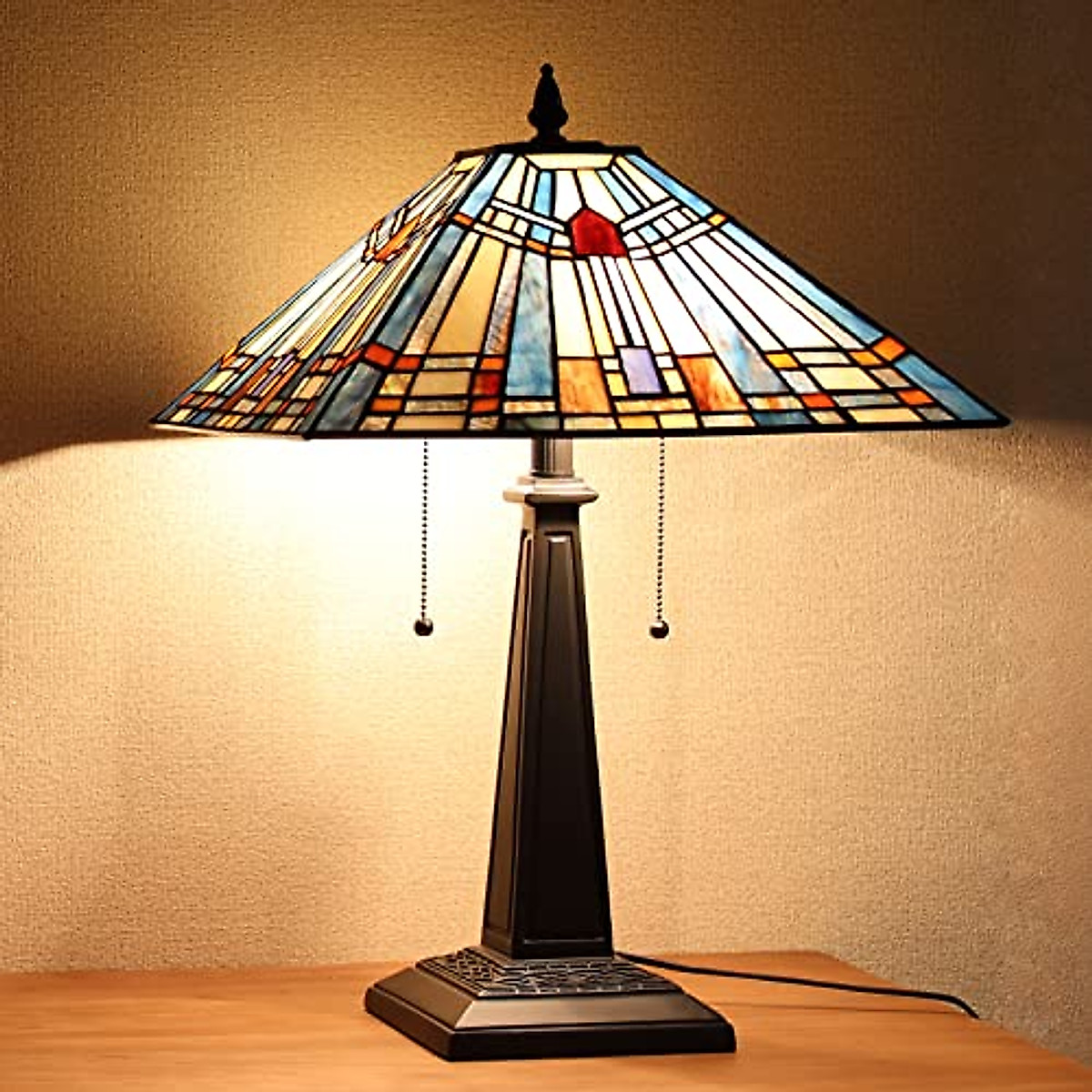 COTOSS Tiffany Table Lamp 16" Wide Handmade Stained Glass Lamp Shade 2 Light Blue Mission Style Vintage Table Lamp for Living Room Bedroom