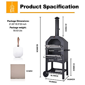 Vonzoy Wood Fired Outdoor Pizza Oven with Waterproof Cover, Pizza Stone and Peel, Wood Burning Pizza Oven with 2 Wheels for Outside