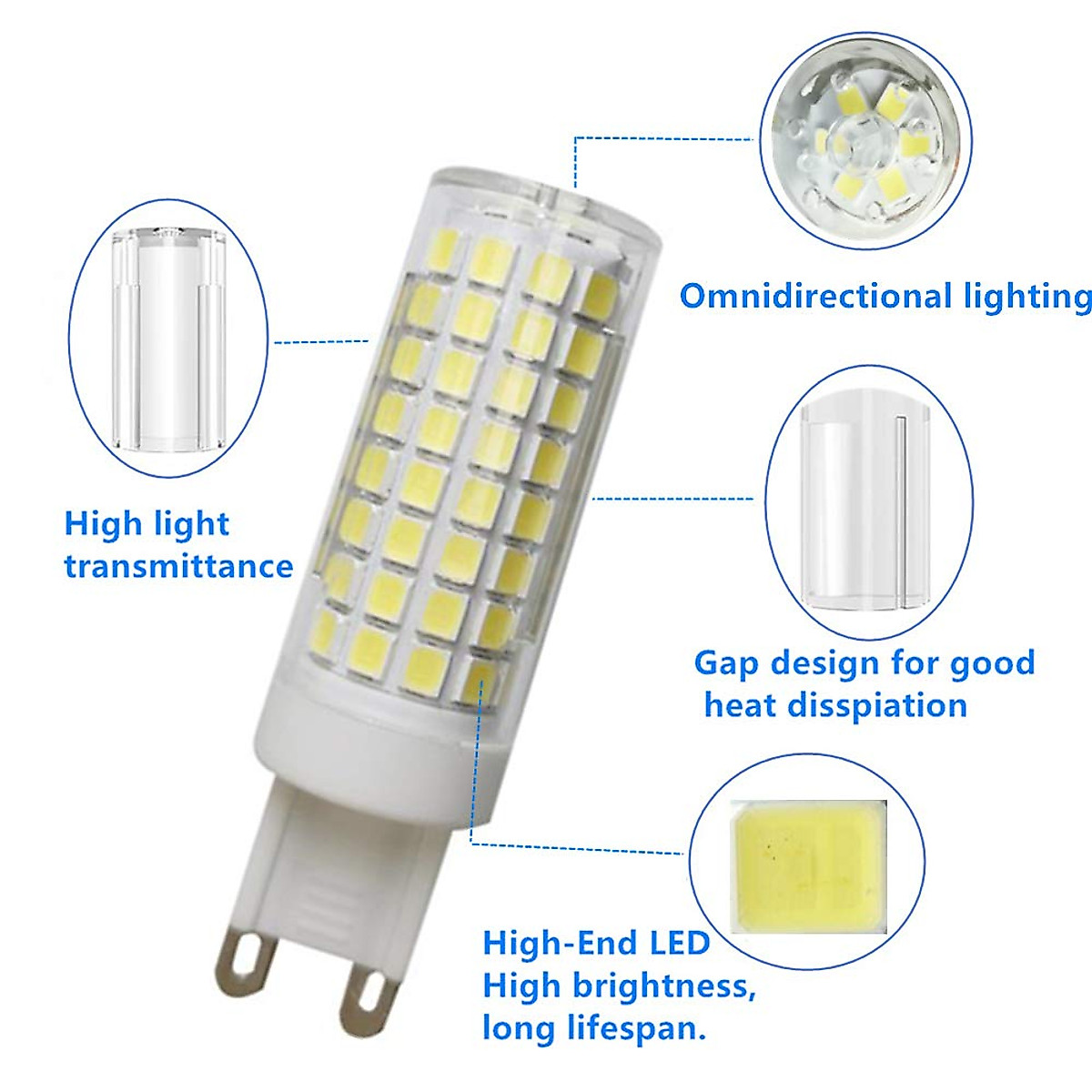 G9 Led Bulb - 8W Dimmable Ceramic Bulb Equivalent 80W Halogen Bulbs,Daylight White 6000K AC110-130V G9 Bi Pin Base 360 Degree Led Bulb for Chandelier Ceiling Fan Bedroom Lighting