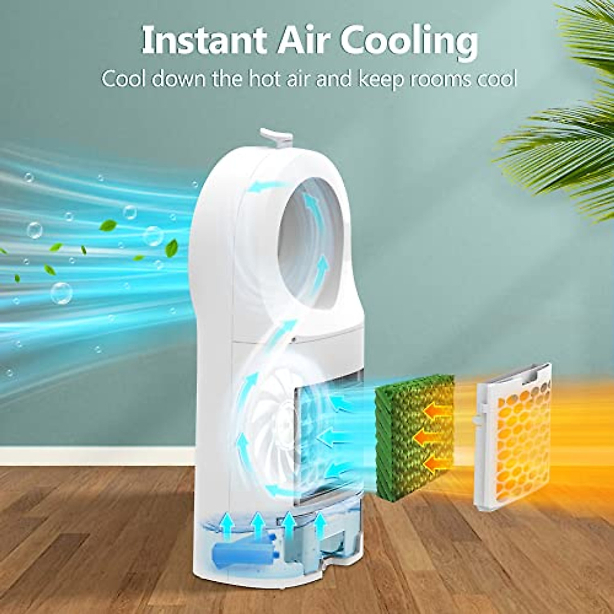 Portable Evaporative Cooler, LifePlus Bladeless Cooling Tower Fan with Instant Cool & Independent Humidifier, Remote Control, 50° Oscillation, Low Noise for Kitchen Bedroom Office