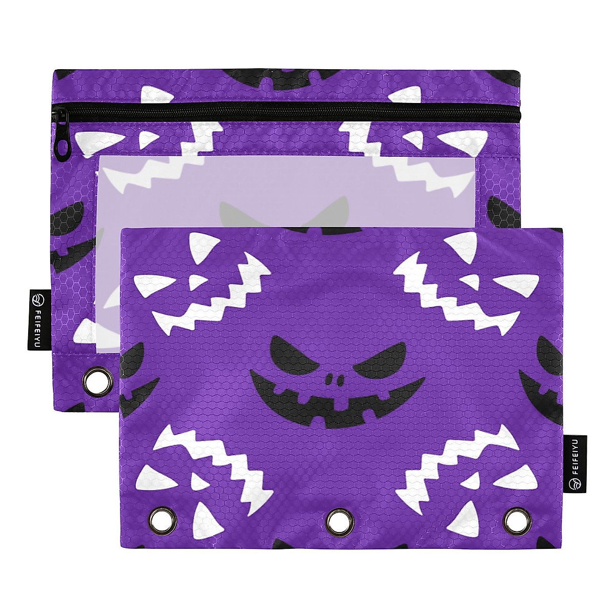 MCHIVER Halloween Face Purple Pencil Pouch for 3 Ring Binder Pencil Case with Zipper Clear Window Pencil Bags for Office Daily 2 Pack