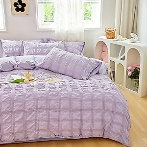Beyeutao Seersucker Duvet Cover Set King Size Purple Seersucker Duvet Cover Modern Style Textured Bedding Set 3 pcs Breathable Lightweight Comforter Cover with Pillow Shams.