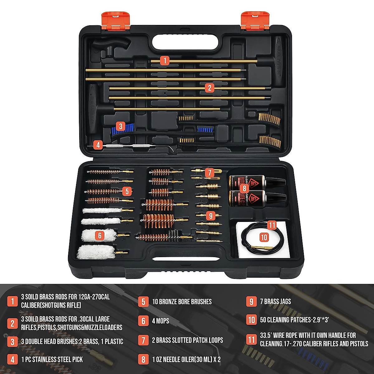 GLORYFIRE Elite Gun Cleaning Kit for Handgun Shotgun Rifle Cleaning Kit for All Guns with Reinforced and Lengthened Rods, Cotton Mop, High-end Double Head Brushes, Bronze Brushes with Steel Wire