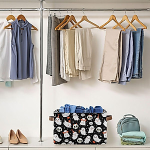 xigua Halloween Ghost Storage Basket Foldable Storage Bin, Canvas Rectangular Storage Basket with Leather Handles for Home Closet & Office Decoration