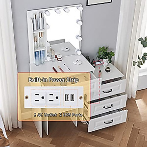 Abesthink Vanity Set Dressing Table with Lighted Mirror,Vanity Mirror with Lights and Table Set,Vanity Desk with Charging Station, Modern Makeup Vanity with Drawers and Stool for Bedroom,Girls