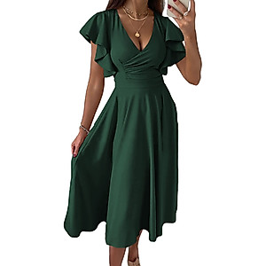 PRETTYGARDEN Women's Summer Midi Dress Ruffle Cap Sleeve V Neck Cocktail Party Swing A Line Fit and Flared Dresses (Dark Green,X-Large)