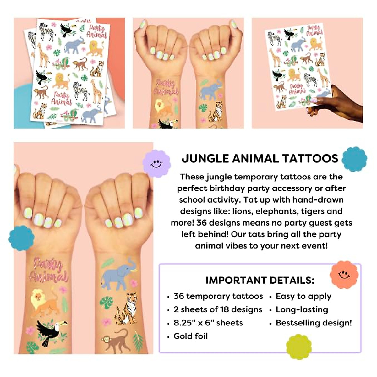 xo, Fetti Jungle Temporary Tattoos - 36 styles | Elephant Arts + Craft, Wild Animal Birthday Party Supplies, Giraffe Safari Baby Shower, Tiger