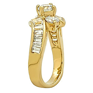 The Bling Factory 14k Gold Plated Cubic Zirconia Engagement Ring, 3-Stone Round + Channel Set Baguette CZs, Size 6