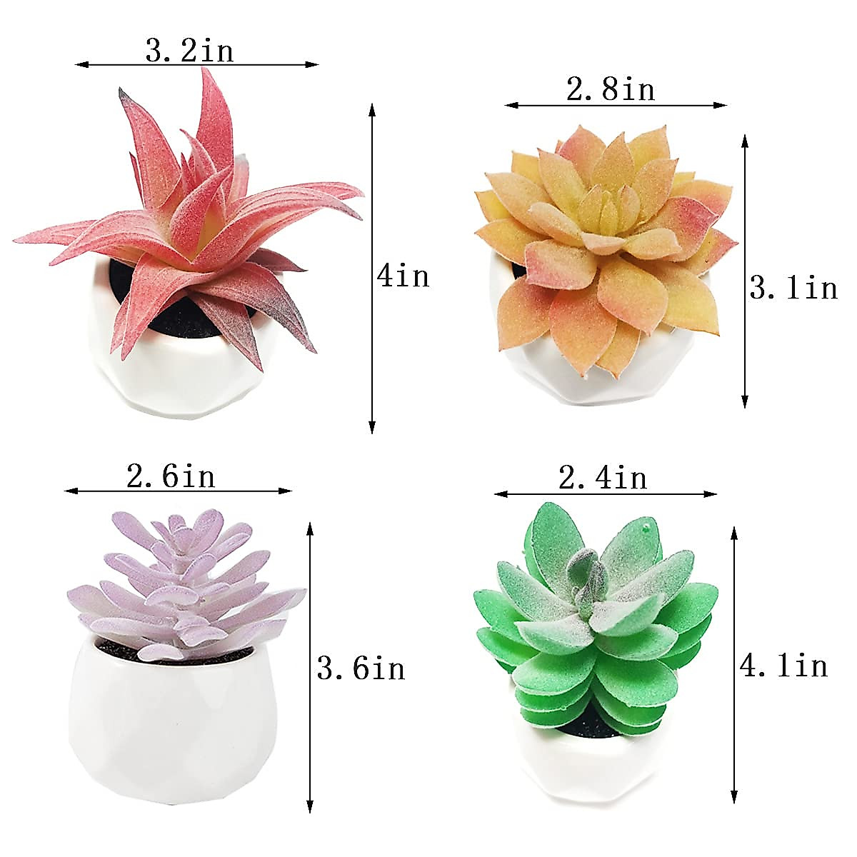 Set of 4 Mini Artificial Succulent Plants with White Geometric Ceramic Planters Faux Succulent for Bedroom Bathroom Bookshelf Office,Wedding Home Garden Decor（red/Green/Orange Yellow/Purple）