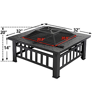 LEMY 32 inch Outdoor Fire Pit Square Metal Firepit Backyard Patio Garden Stove Wood Burning Fire Pit W/Rain Cover, Faux-Stone Finish