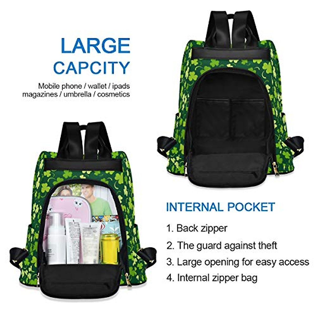 ALAZA St Patricks Day Shamrock Backpack with Keychain for Woman