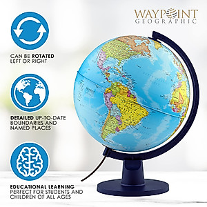 Waypoint Geographic Scout Illuminated, Decorative Classroom Globe with Stand, World Globe with More than 4000 Places, 12” Interactive Globe with Political Mapping, Blue