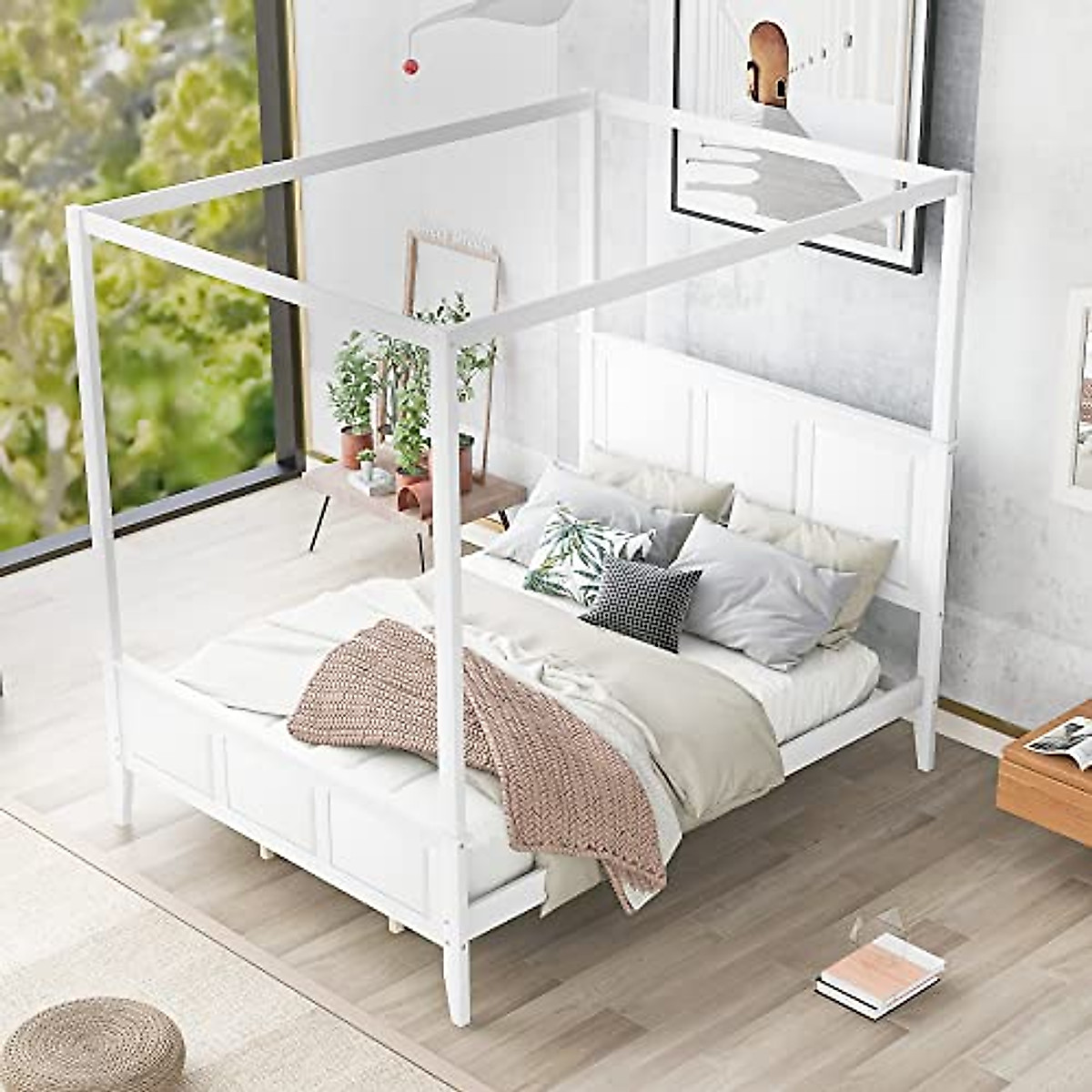 BIADNBZ Queen Size Canopy Platform Bed with Headboard and Footboard,Wooden Bedframe with Slat Support Leg for Bedroom Guest Room,No Box Spring Needed,White