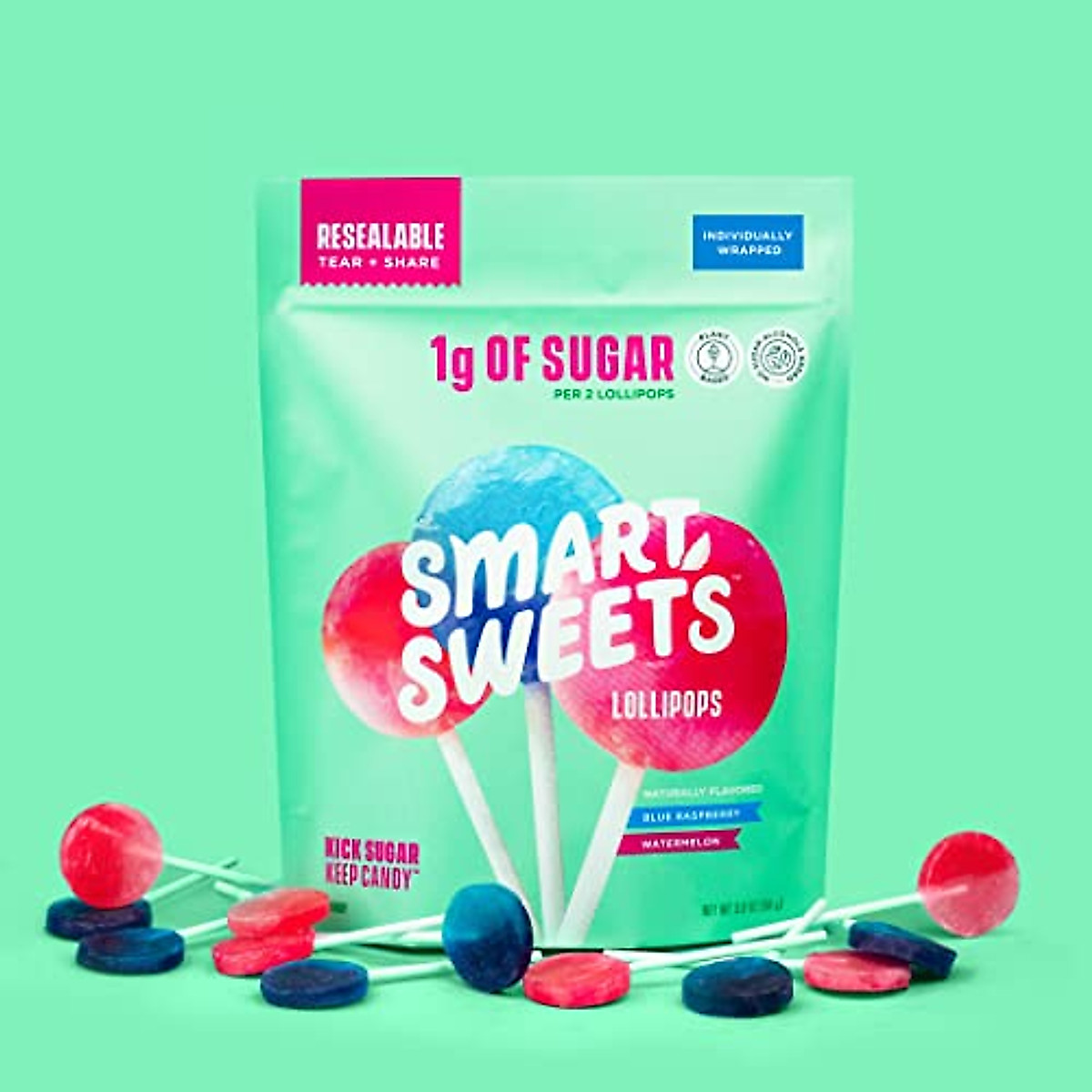 SmartSweets Lollipops, Blue Raspberry & Watermelon Flavors, Hard Candy with Low Sugar (1g), Low Calorie (40), No Artificial Sweeteners, Plant-Based, Gluten-Free, 3oz (Packaging May Vary)