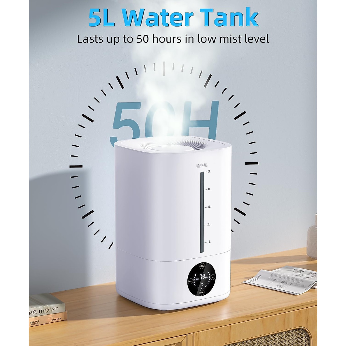 5L Humidifiers for Bedroom, 50H Runtime Humidifier for Large Room, Ultra-Quiet 28dB Cool Mist Air Humidifier for Home Baby Nursery & Plants, Auto Shut-off and BPA-Free for Safety, Easy to Clean