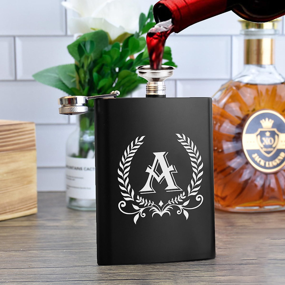 ELEGANTPARK Hip Flasks for Liquor for Men with Initials Monogrammed Gifts for Men Birthday Personalized Gifts for Him Groomsmen Dad Engraved Hip Flask with Funnel 8 OZ Letter A