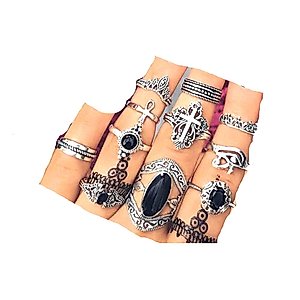 Cathercing 11 Pcs Women Silver Ring Sets Knuckle Vintage Rings Pack for Women Bohemian Rings Black Gem Joint Knot Rings Set for Teens Party Daily Fesvital Jewelry Gift