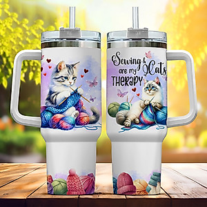 99WHALE Cat Gifts, Tumbler 40 Oz With Handle Lid And Straw, Steel Quartz Handle Women Cup Parade Coffee Tumblers Hot Adults Funny Light Cups Lover Simple Rose, Cats And Sewing