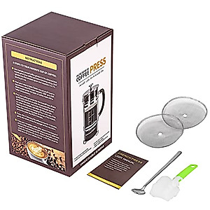 French Press Coffee Maker (34 oz) with 4 Filters - 304 Durable Stainless Steel, Heat Resistant Borosilicate Glass Coffee Press, BPA （include 1 cleaning brush,1 spoon and 2 spare filter screen）