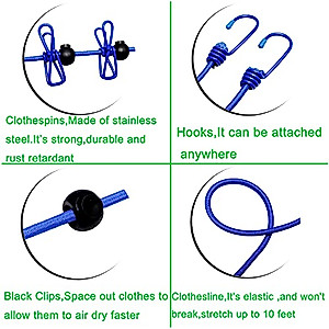 QingLHC Clothespins Clip, Clothesline Windproof, Adjustable Washing Clothes Drying Line Rope with Clips for Camping Travel Outdoor, Blue