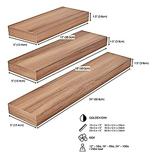 Kiera Grace kieragrace KG Maine Floating Shelves-Golden Oak, 12", 16", 24", Set of 3 Wall Organization