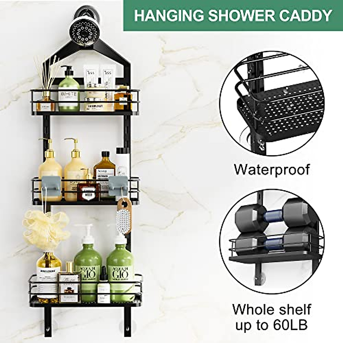 Thideewiz 3 Tier Hanging Shower Caddy Over Shower Head, Anti-Swing Shower Shelf, Adjustable Rustproof Shower Rack, Metal Shower Organizer with Hooks, Black