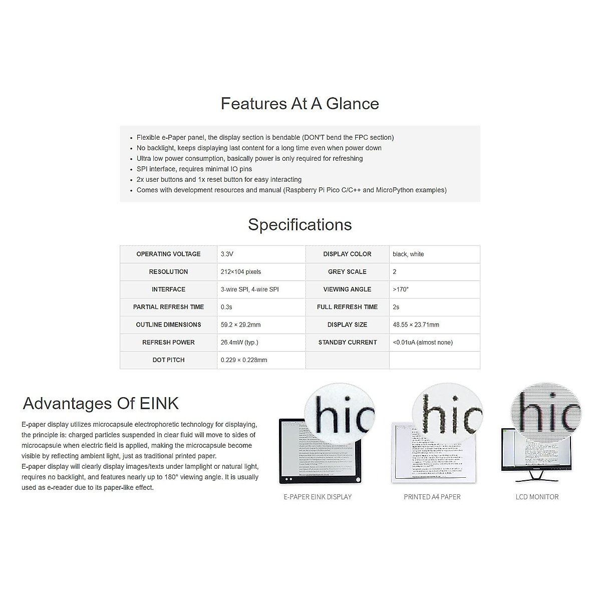 Waveshare 2.13inch Flexible E-Paper E-Ink Display Module for Raspberry Pi Pico 212×104 Pixels Black/White SPI Interface