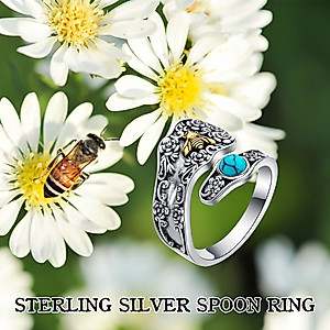 HUKKUN Spoon Ring Sterling Silver Chunky Gold Bee Rings for Women Adjustable Turquoise Ring