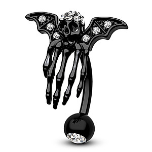 COCHARM Black Bat Skeleton Belly button Rings 14g Hallween Skull Hand Reverse Belly Rings Top Down Belly Piercing Jewelry Navel Rings