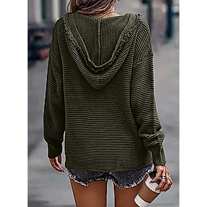 Dokotoo Fall Sweaters for Women 2023 V Neck Ribbed Knit Jumper Pullovers Solid Color Oversized Long Sleeve Drop Shoulders Hoodies Casual Frayed Edges Hooded Sweater Tops Green M
