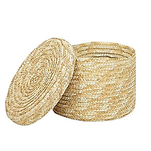 Cabilock 1PC Mini Straw Woven Storage bin Storage Basket Wheat- Straw Basket Hand Woven Storage