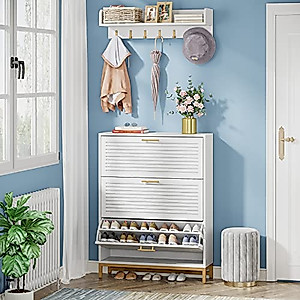 Tribesigns Shoe Cabinet, Shoe Storage Cabinet with Wall Mounted Coat Rack, Modern Shoes Organizer Cabinets with 3 Flip Drawers, White and Gold Shoe Cabinet for Entryway