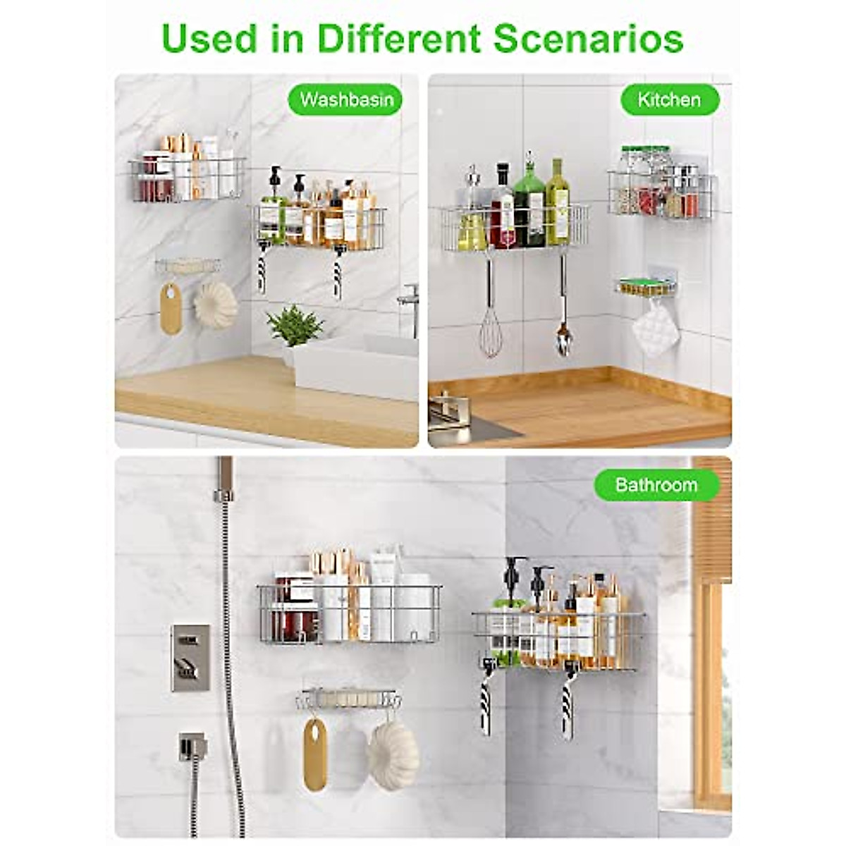 SMARTAKE Shower Caddy Bathroom Organizer with Soap Holder and 6 Hooks, Adhesive Shower Deep Basket Shelf Big Capacity, Rustproof 304 Stainless Steel Shower Rack Storage Shampoo for Bathroom 3 Pack