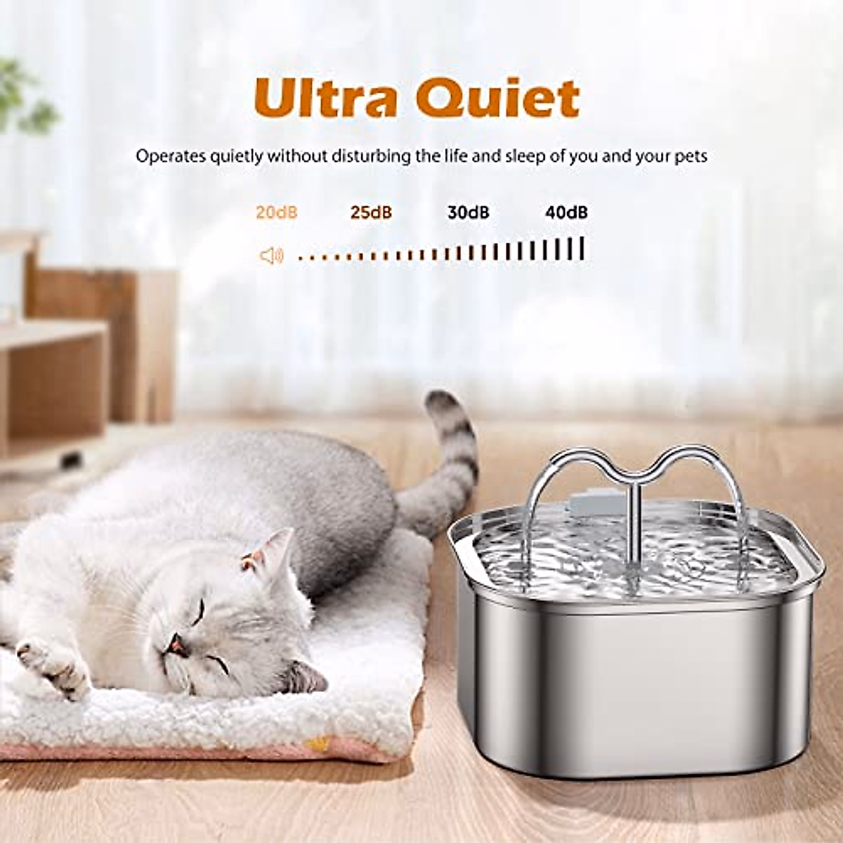 DOOOB Cat Water Fountain,3.2L/108OZ Square Stainless Steel Pet Water Dispenser Metal Dog Drinking Fountains Water Bowl with 3 Replacement Filters Ultra-Quiet Pump and Waterproof Food Mats