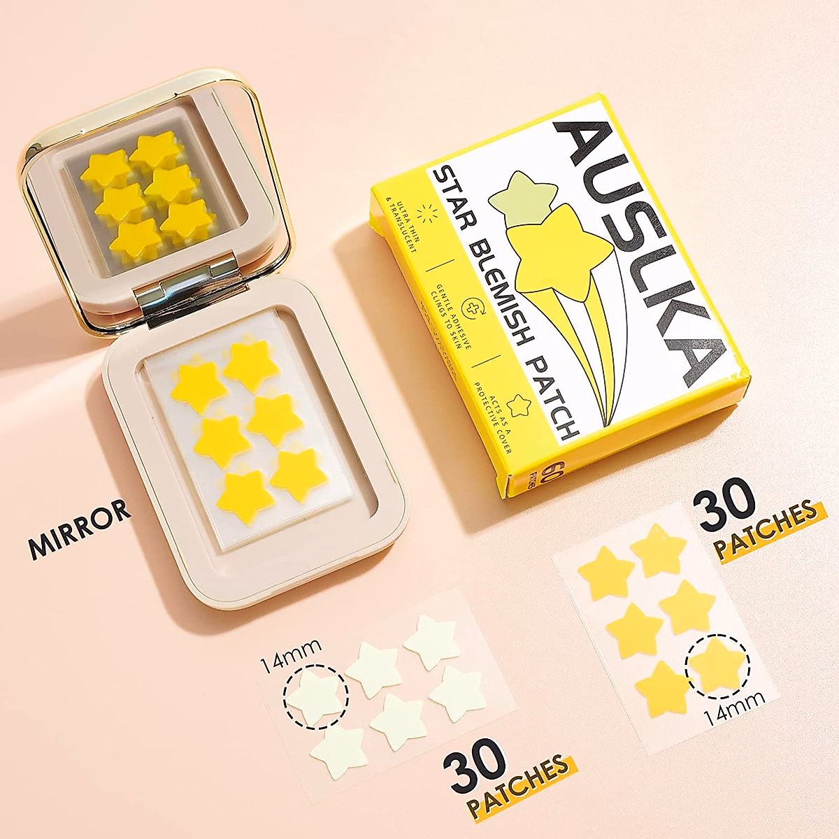 AUSLKA Star Blemish Patch - Hydrocolloid Spot Dots With Mirror 60 Count - Blemishes Patch - Zit Stickers - Cute Star Shape - Green & Yellow - Vegan And Cruelty-Free Skincare