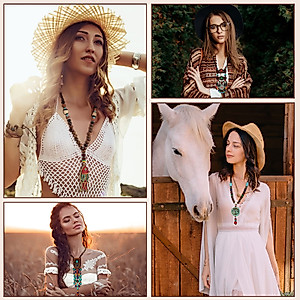 Bonuci 4 Pcs Long Boho Necklaces for Women Wood Beads Pendant Hippie Ethnic Necklace Turquoise Elephant Tribal Jewelry(Vibrant Style)