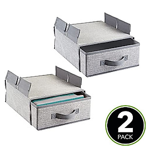 mDesign Soft Fabric Over Closet Shelving Hanging Storage Organizer with Removable Drawer for Closets in Bedrooms, Hallway, Entryway, Mudroom - Textured Print with Solid Trim, 2 Pack - Gray